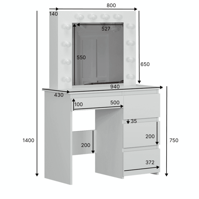 Beauty dressing table with mirror and lights 94x140/75x43 cm | Art in Head